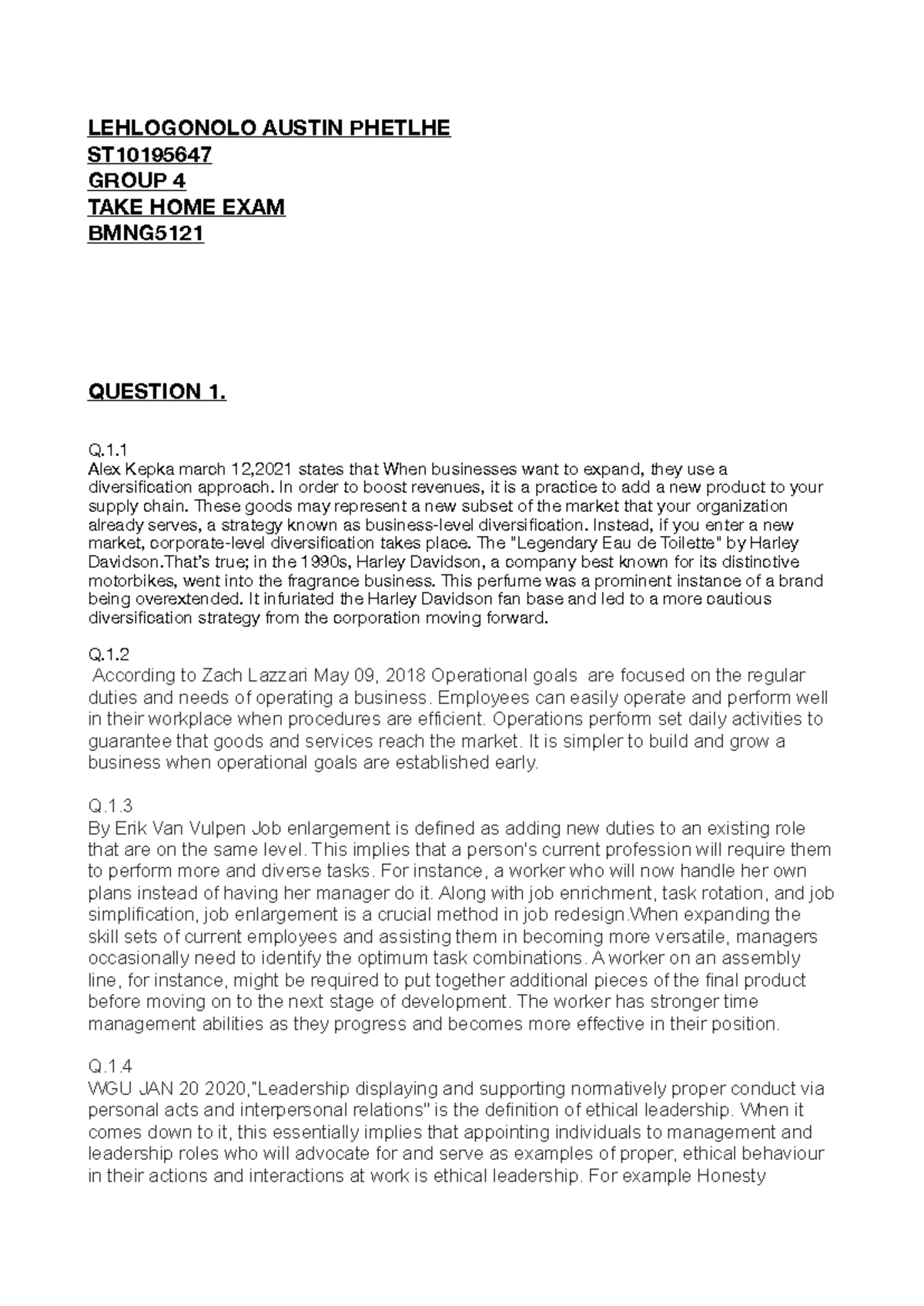 BMNG5121 First Semester Take Home Exam Analysis and Insights - Studocu