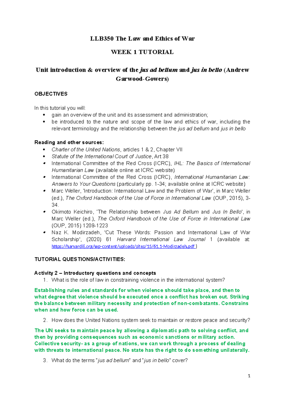 LLB350 The Law and Ethics of War Week 1 Tutorial Overview and ...