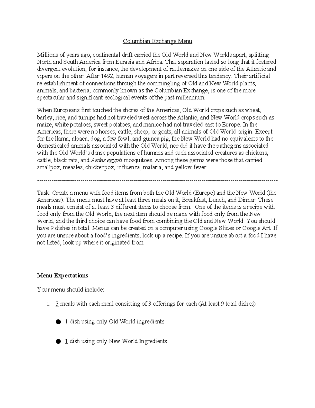 Columbian Exchange Menu Assignment: Food from Old & New Worlds - Studocu