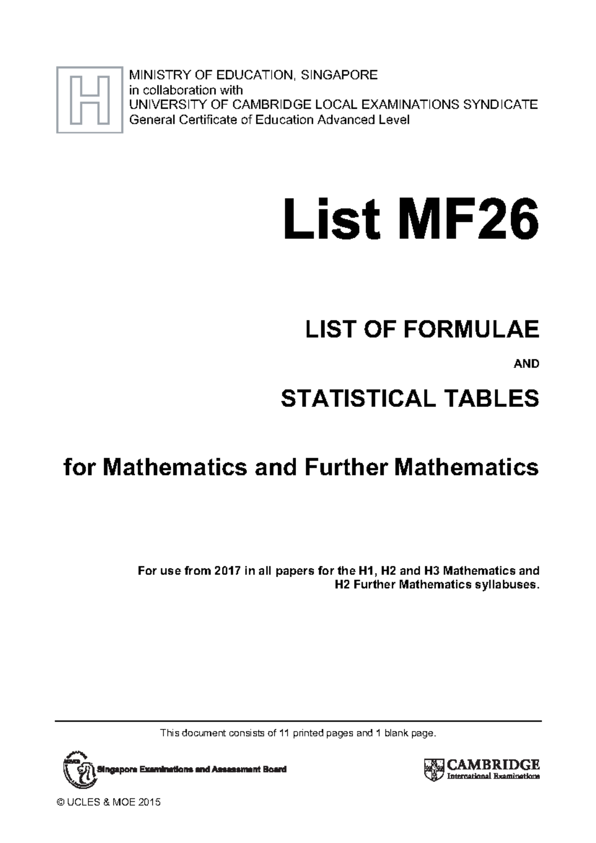 Statistical Tables & Formulae for A Level Math (H1, H2, H3) - Studocu