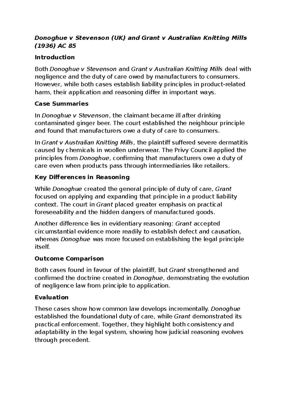 Assignment 3: Comparative Analysis of Donoghue v Stevenson & Grant v ...