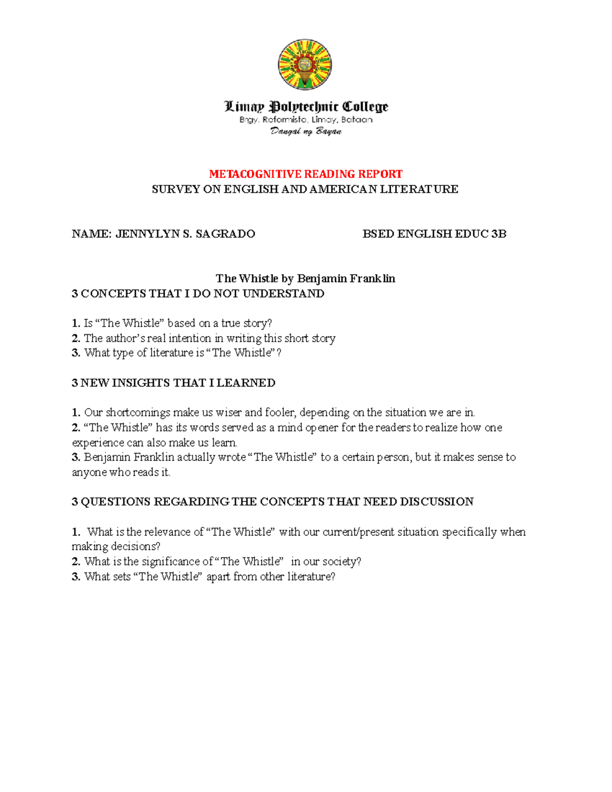 Metacognitive Reading Report - METACOGNITIVE READING REPORT SURVEY ON ENGLISH AND AMERICAN - Studocu