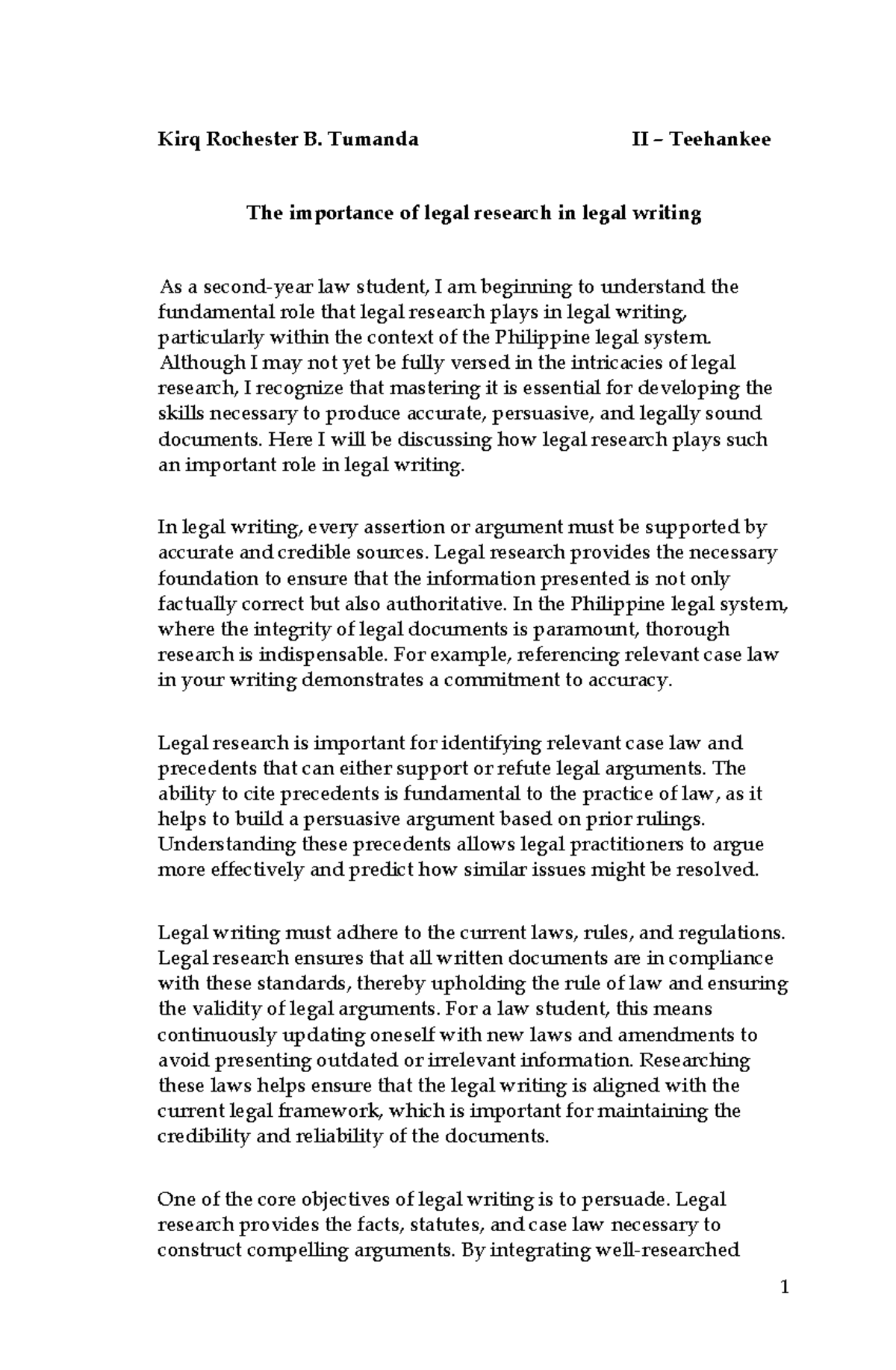 Tumanda Assignment 1 - Legal Research - 1 Kirq Rochester B. Tumanda II ...