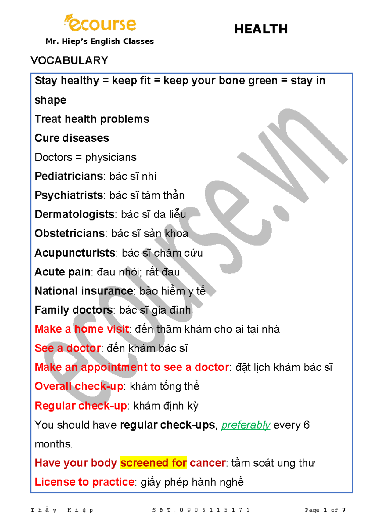 Health Vocabulary Notes for Mr. Hiep's English Classes - Studocu