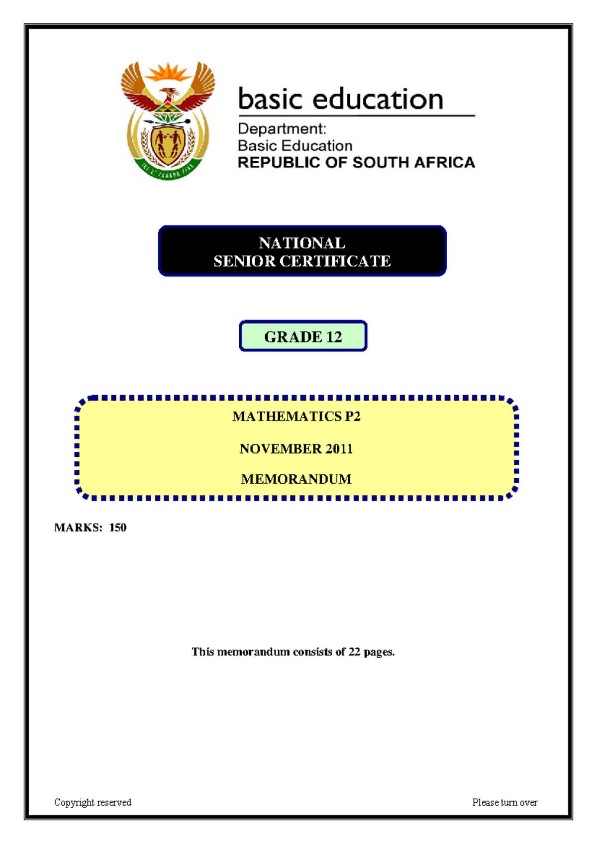 Mathematics P2 November 2011 Memorandum (NSC) - Studocu