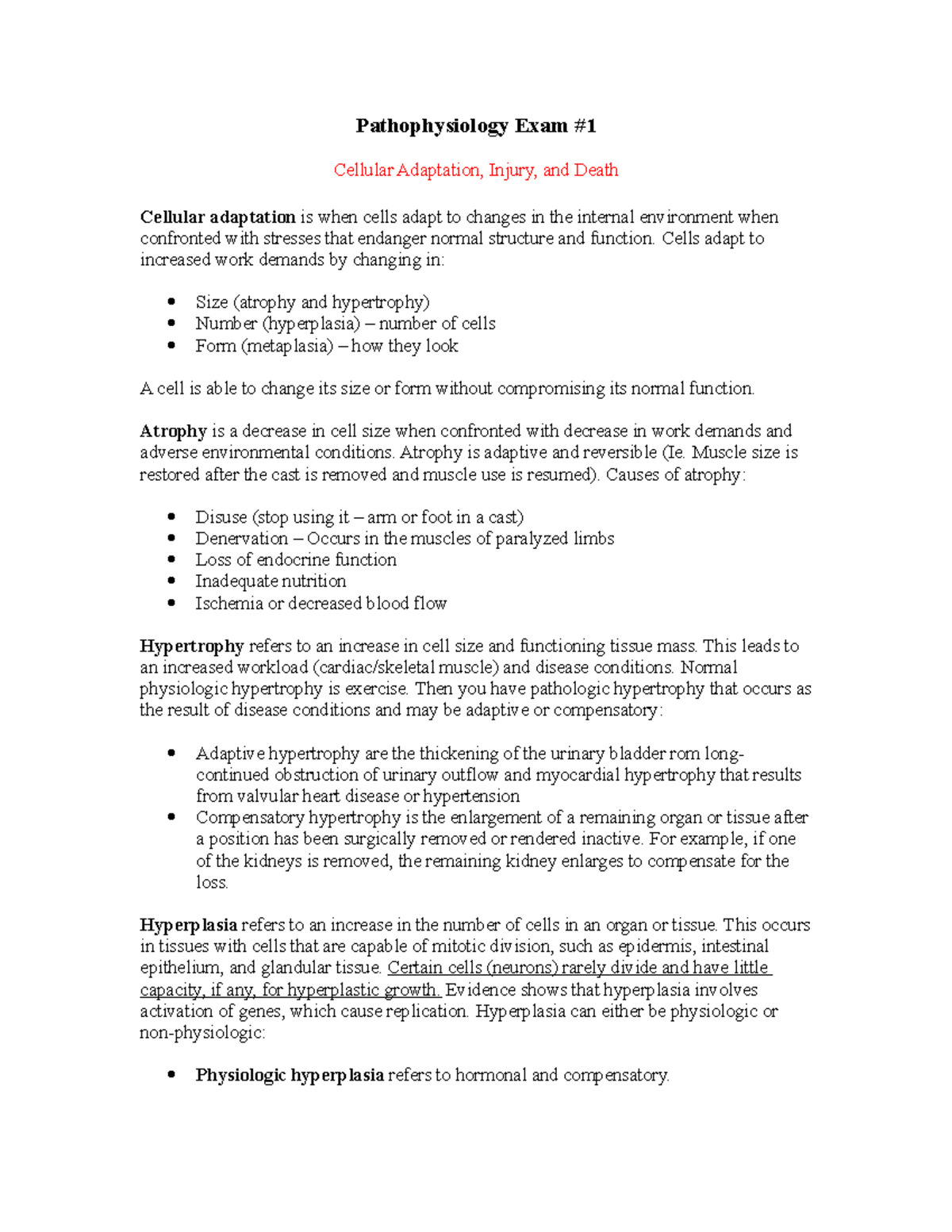 Pathophysiology Exam: Cellular Adaptation Injury and Death - Studocu