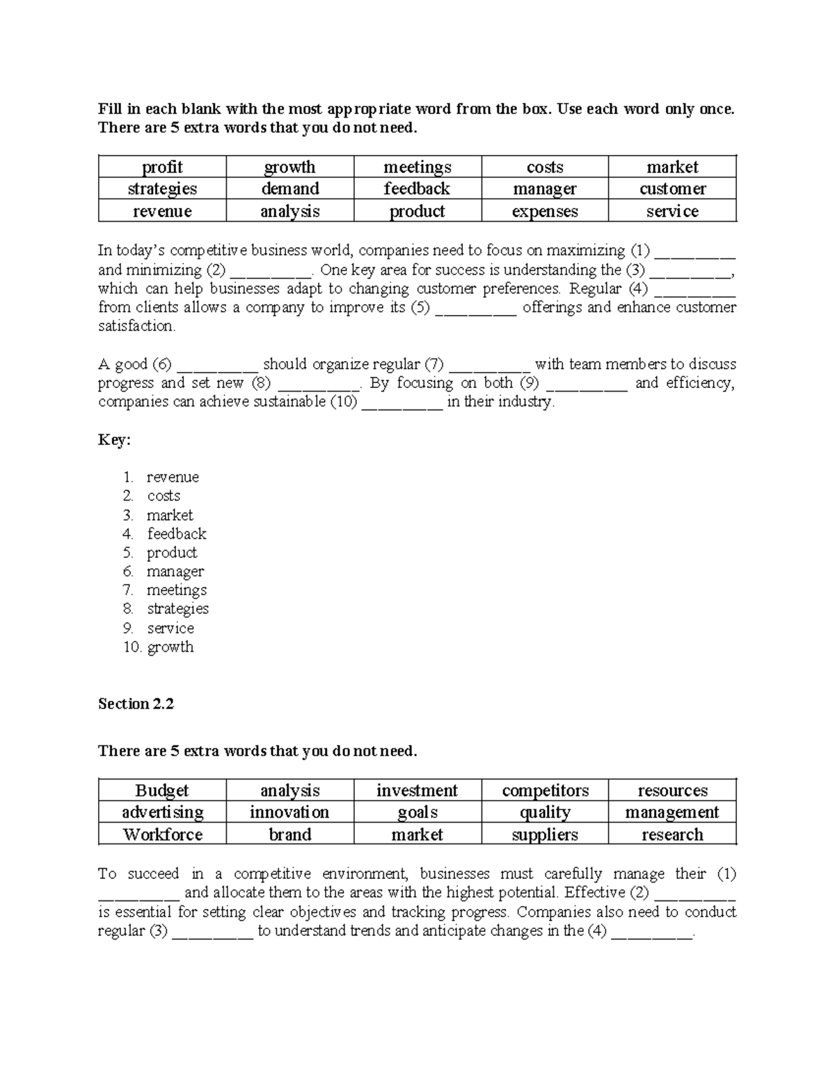 Answer Key for Section 2 - Practice (BUS 101) - Studocu