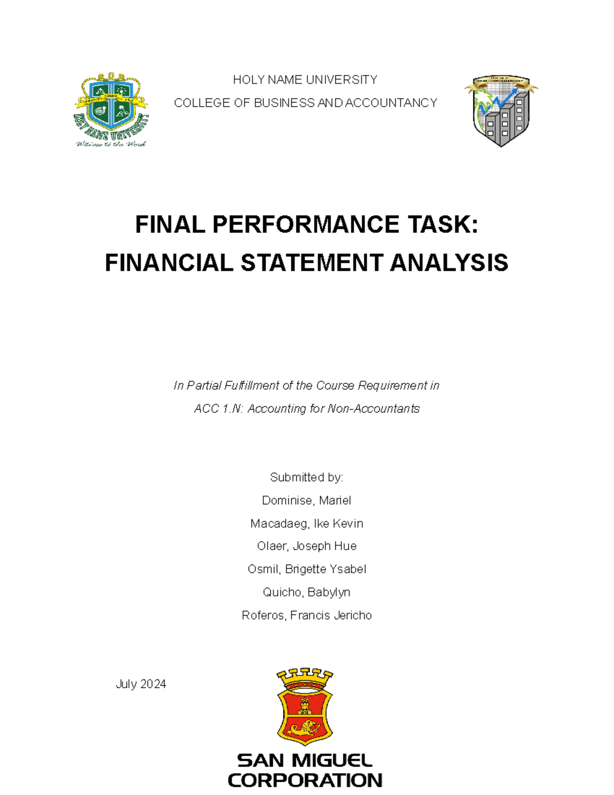 ACC 1: Final Performance Task - Financial Statement Analysis on SMC ...
