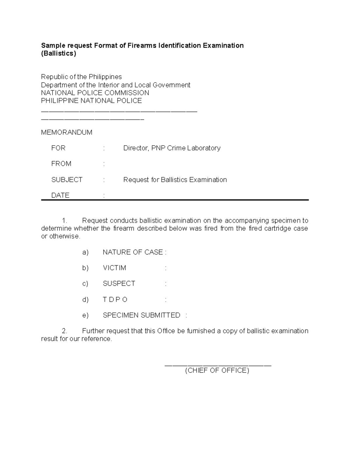Sample request Format of Ballistics Examination - Sample request Format ...