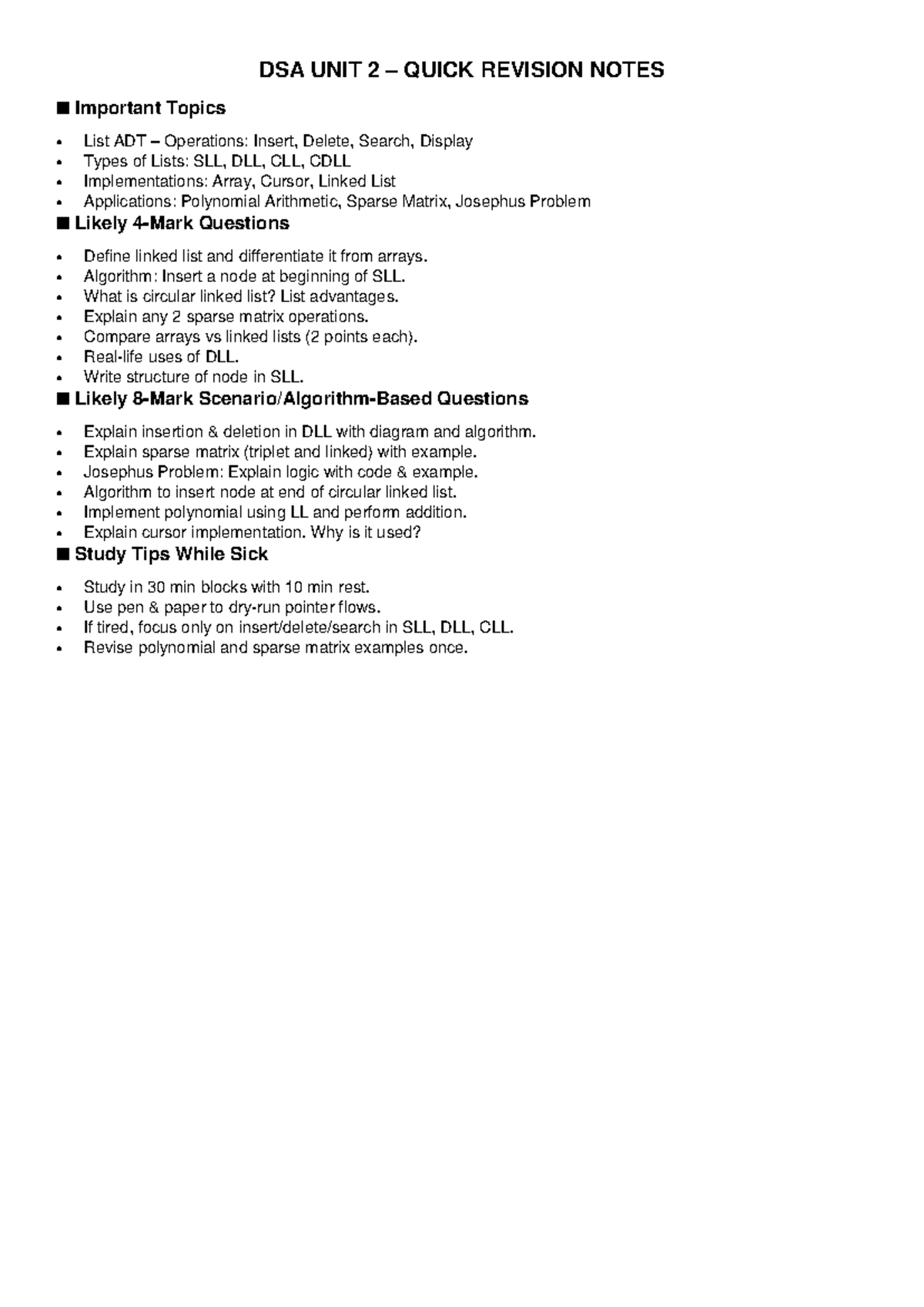 DSA 2: Quick Revision Notes on ADT Operations & List Types - Studocu