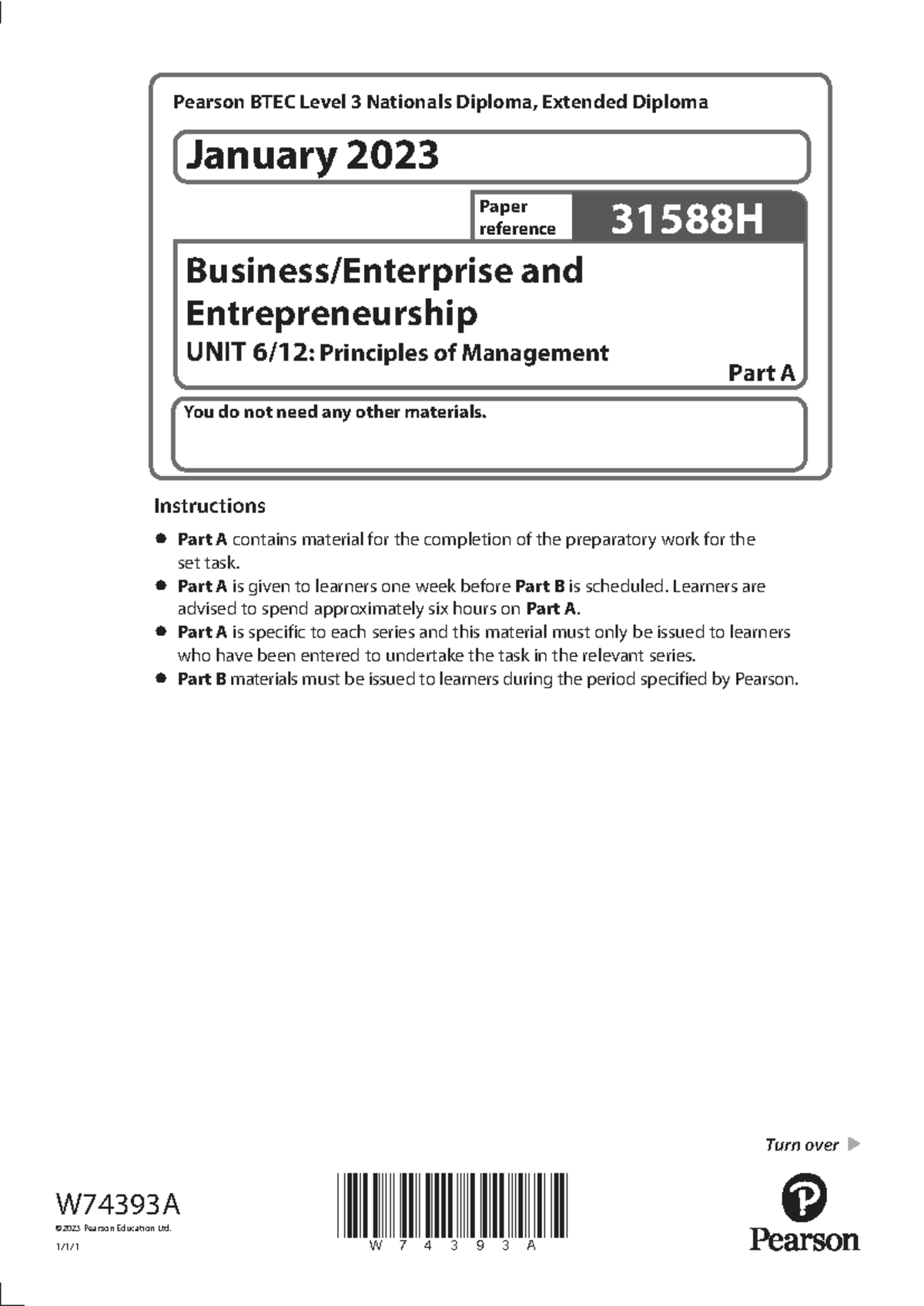 BTEC Level 3 Entrepreneurship Unit 612: Management Principles Exam Jan ...