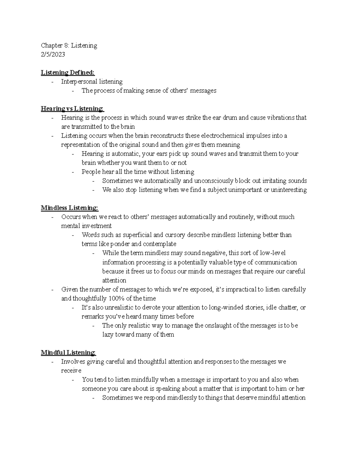 Chapter 8 Listening: Understanding Mindful and Mindless Listening - Studocu