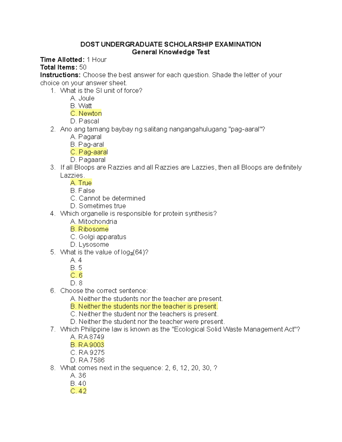 MOCK University Scholarship Exam: General Knowledge Test - Studocu