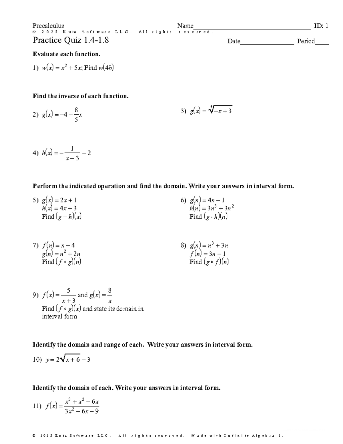 Precalculus Practice Quiz ID: 1 F2K0K2u5O - Function Evaluation and ...
