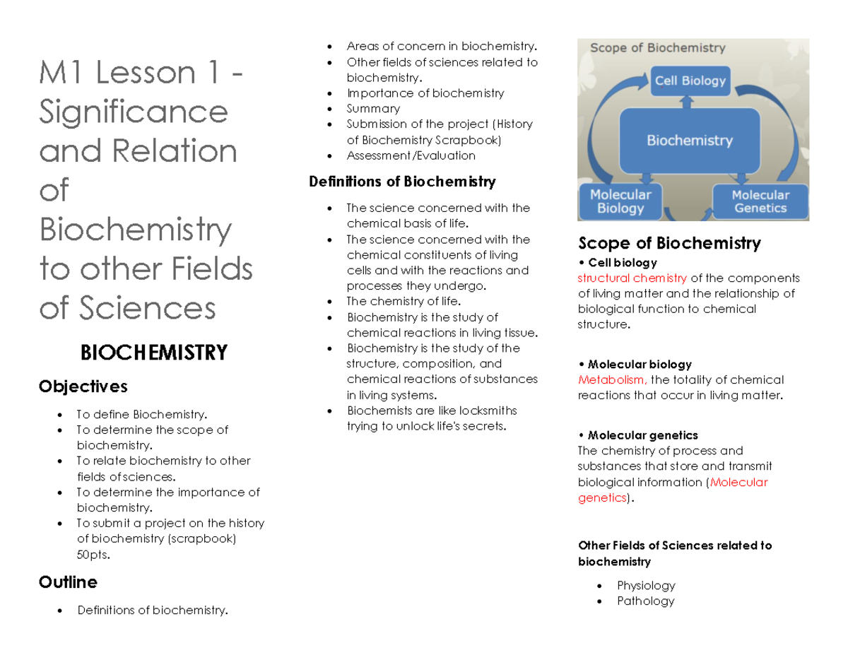 Bio Chem-lessons-1st-term - M1 Lesson 1 - Significance and Relation of ...