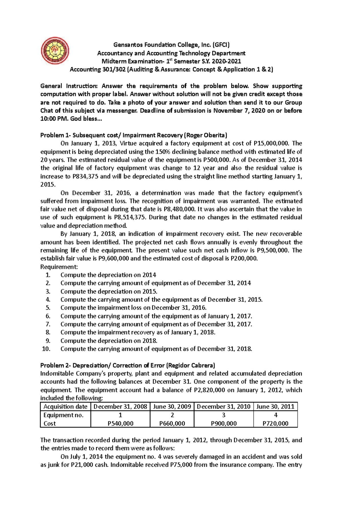 Acctg 301/302 Auditing problems : Midterm exam - BS Accountancy - Studocu