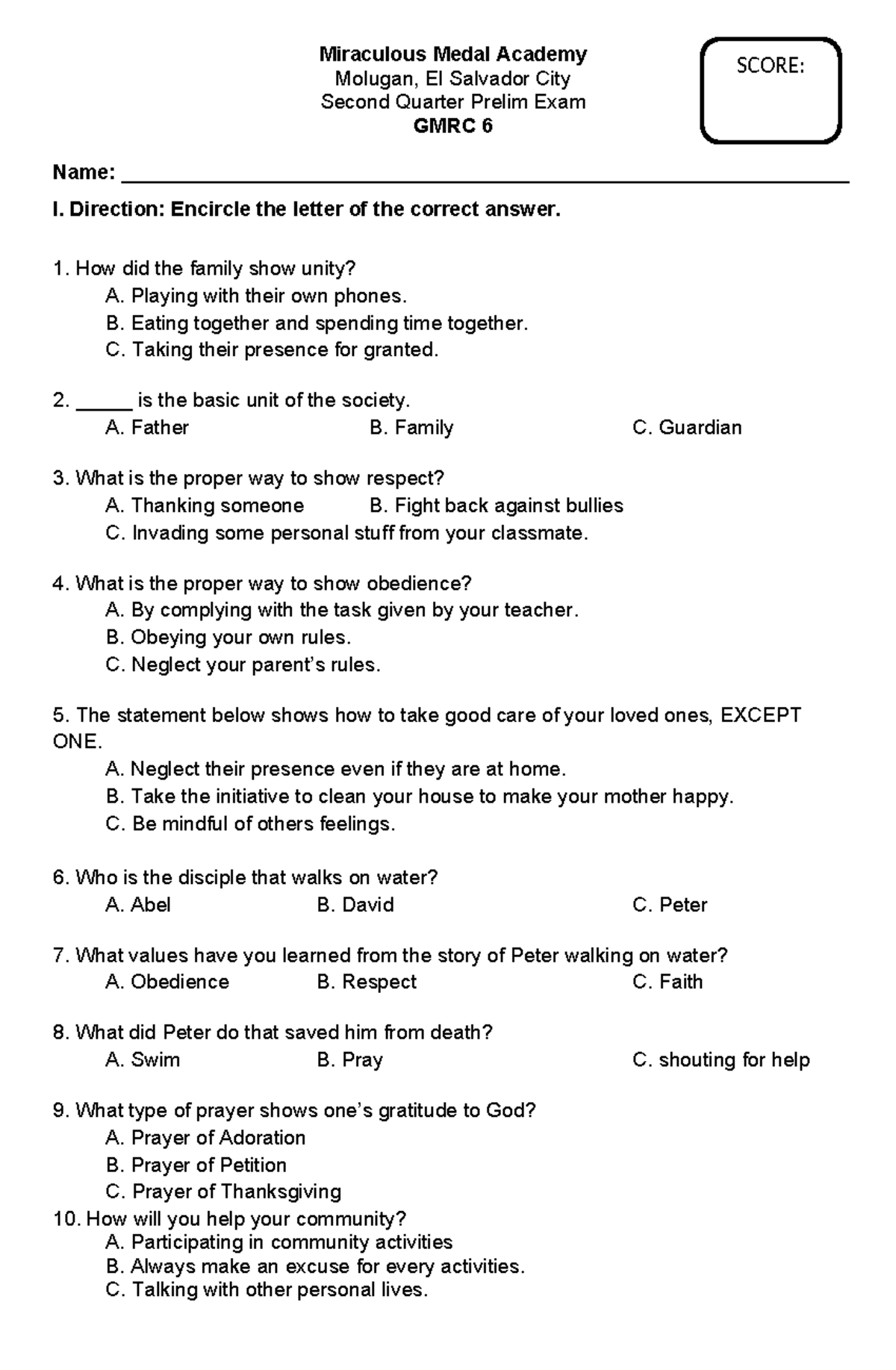 2nd QTR Prelim Exam GMRC 6 - Test Questionnaire and Answer Guide - Studocu