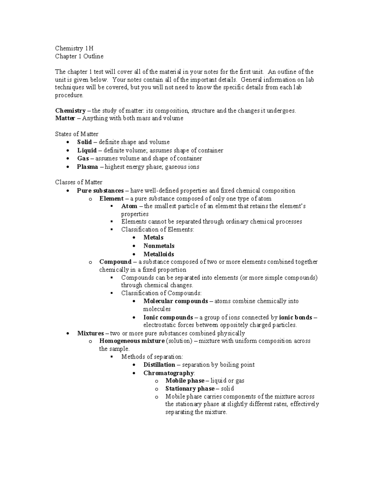Chemistry 1H Chapter 1 Test Review & Outline Notes - Studocu