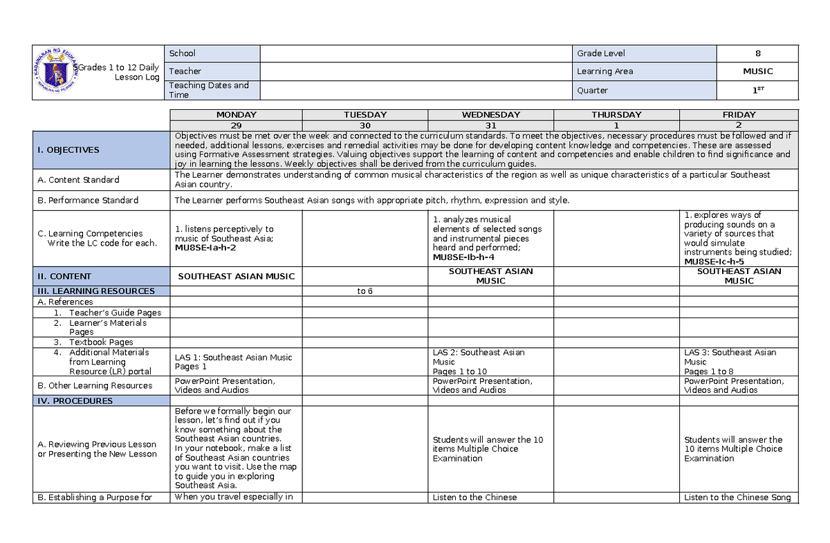 Music Lesson Plans for Grade 8 - 1st Quarter Activities - Studocu