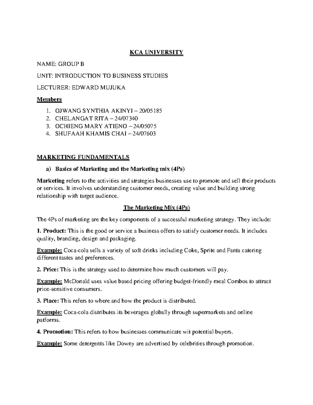 Group B CAT 2 - Marketing Constraints - KCA UNIVERSITY NAME: GROUP B ...