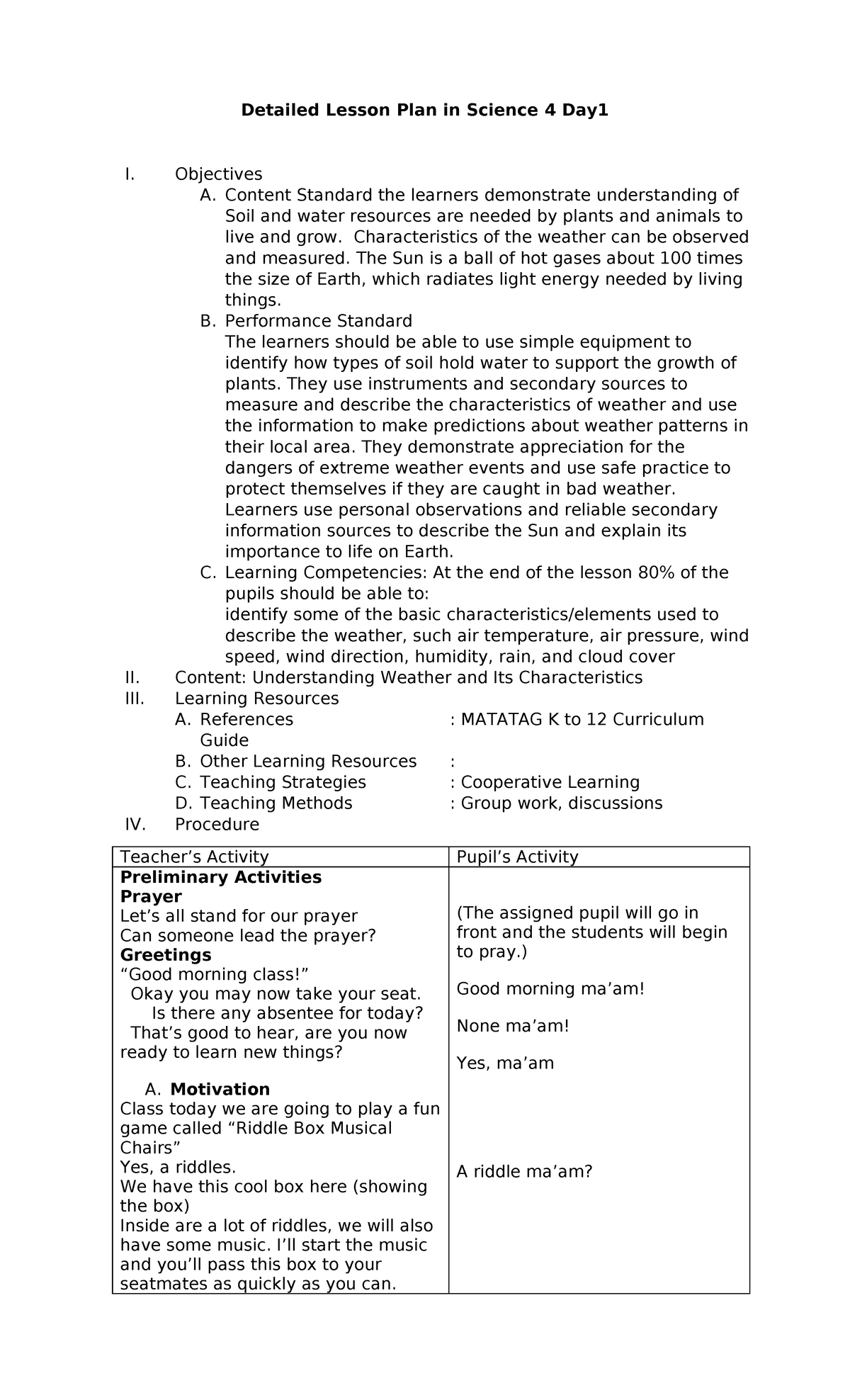 Detailed Lesson Plan in Science 4: Understanding Weather - Day 1 - Studocu