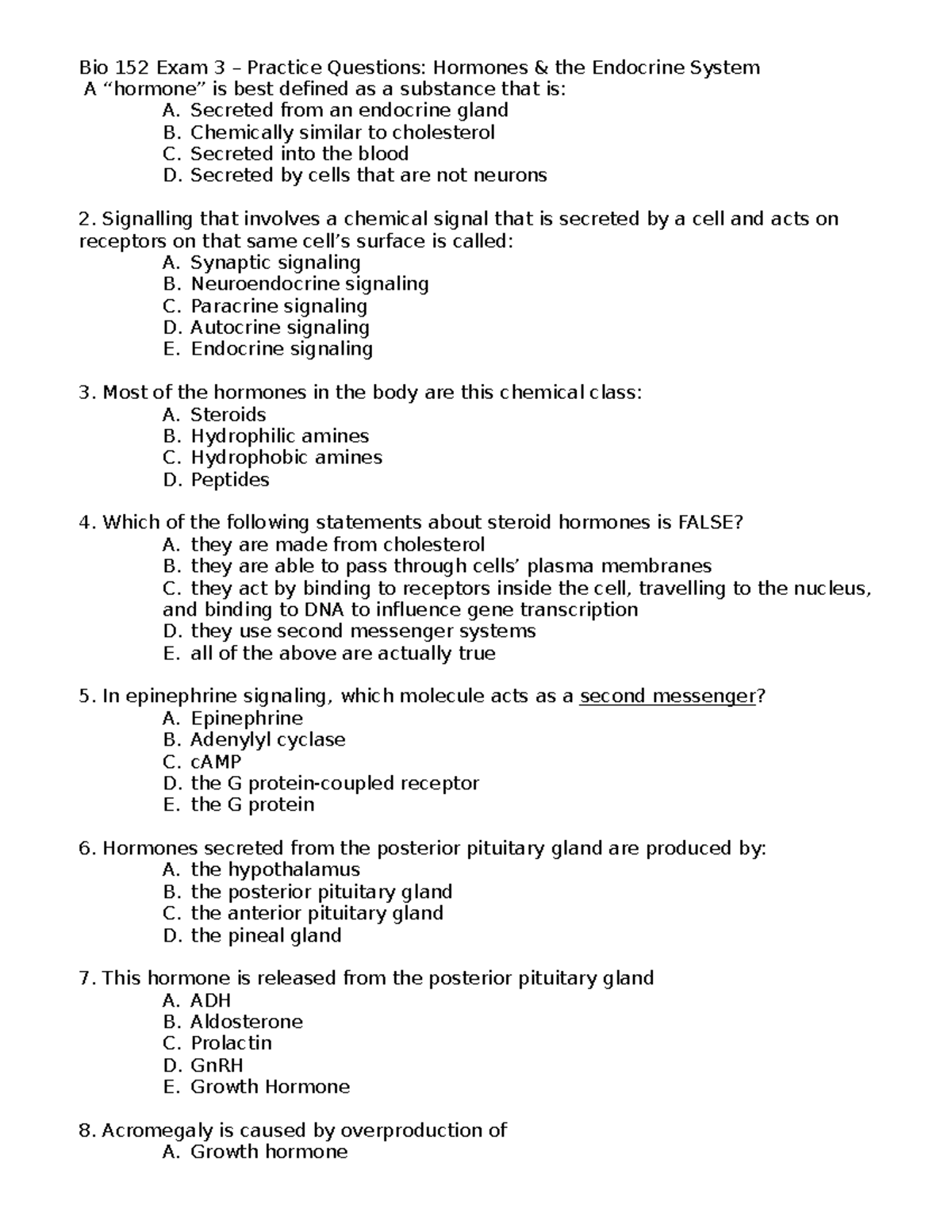 Exam 3 Practice Questions Endocrine System - Bio 152 Exam 3 – Practice ...