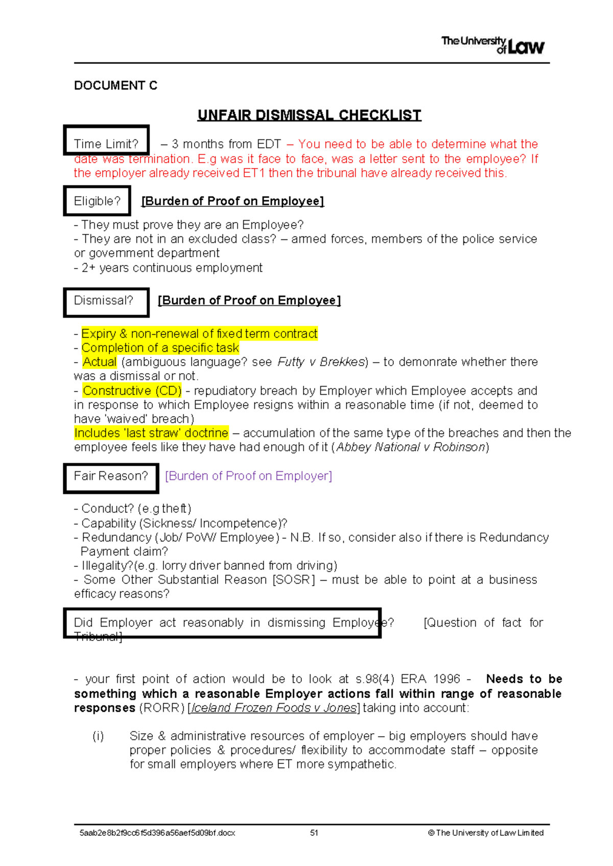 Unfair Dismissal Checklist - Unit 3 Guide - Studocu