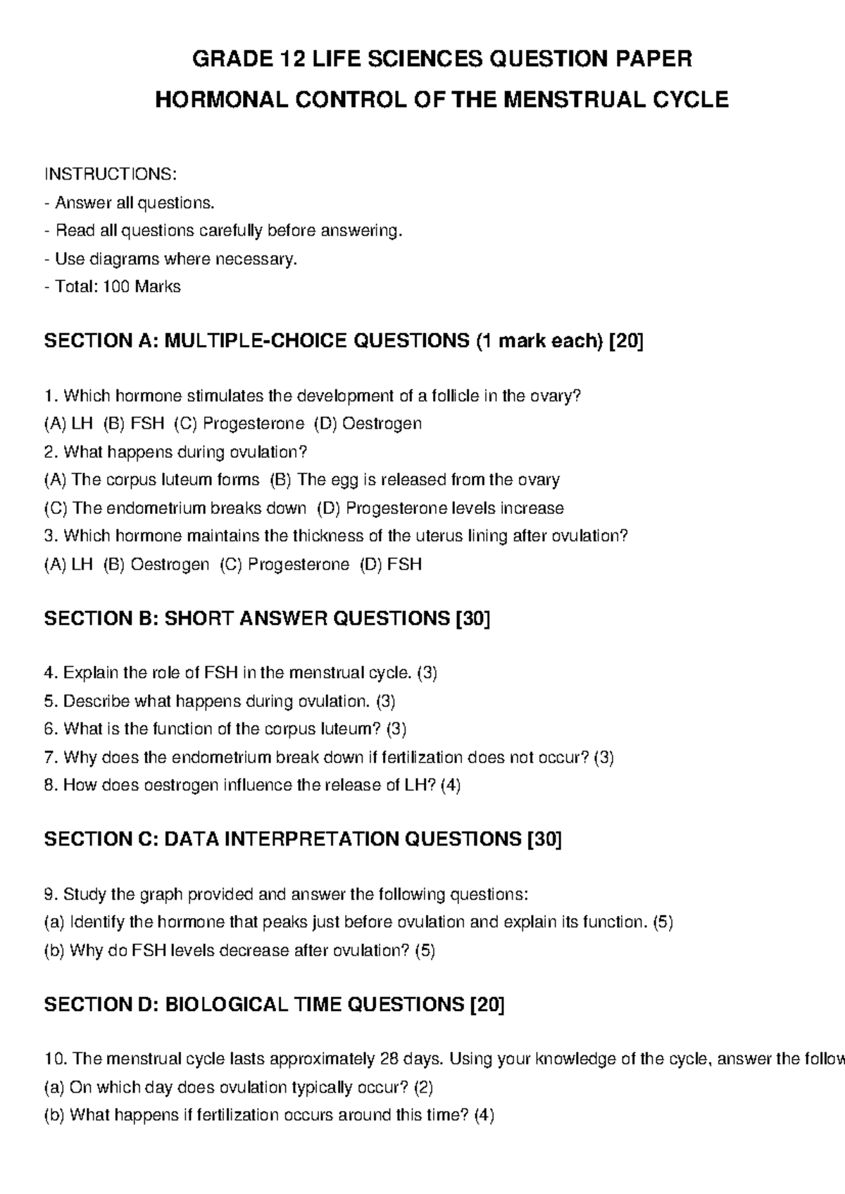 GRADE 12 LIFE SCIENCES QP: HORMONAL CONTROL OF MENSTRUAL CYCLE - Studocu