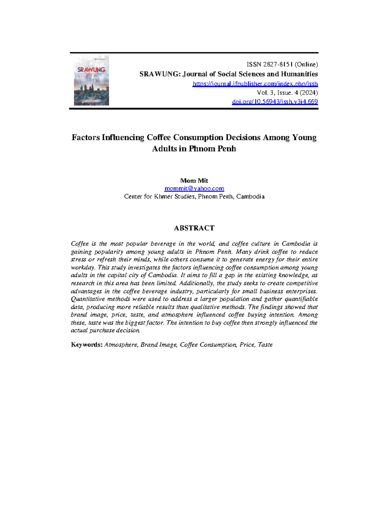 Factors Influencing Coffee Consumption Among Young Adults in Phnom Penh ...
