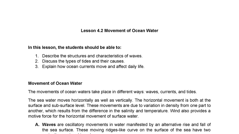 Lesson 4.2: Movement of Ocean Water - Waves, Tides, and Currents - Studocu