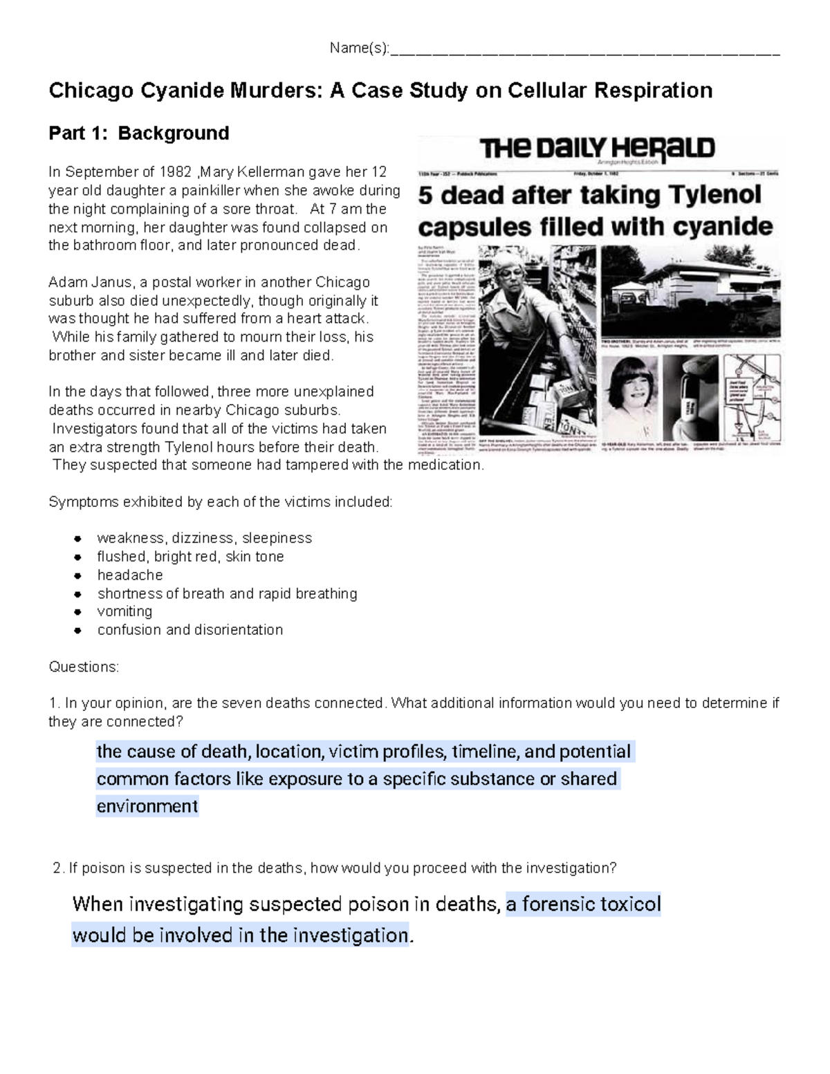 Chicago Cyanide Murders: A Case Study on Cellular Respiration - Studocu