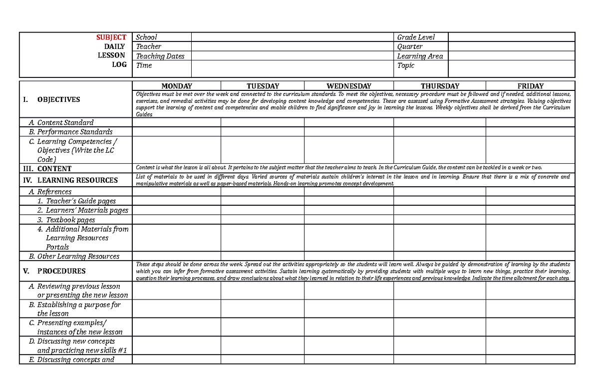 Daily Lesson Log Template for Preschool (Grades 1-10) - Studocu