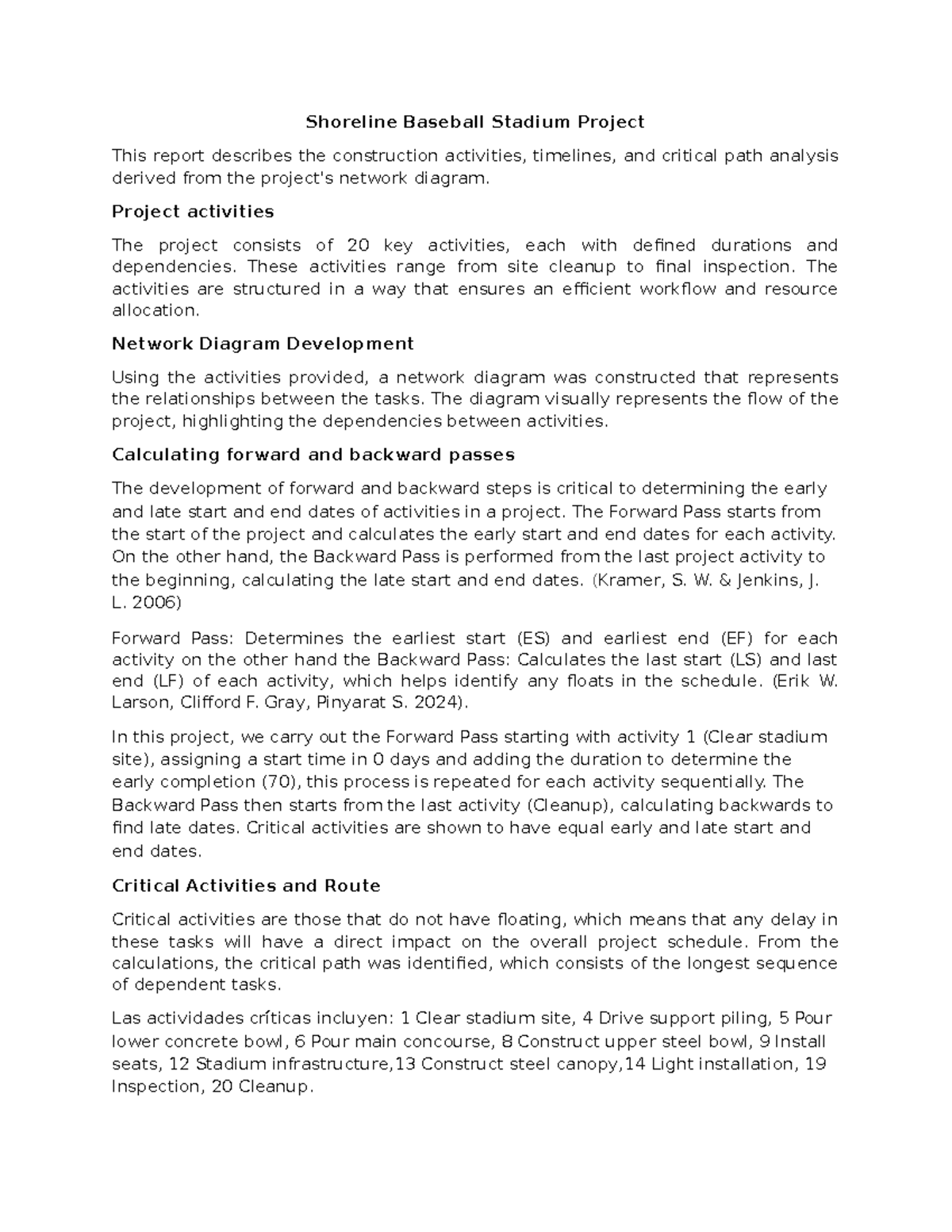 Shoreline Baseball Stadium Project: Critical Path Analysis Report - Studocu