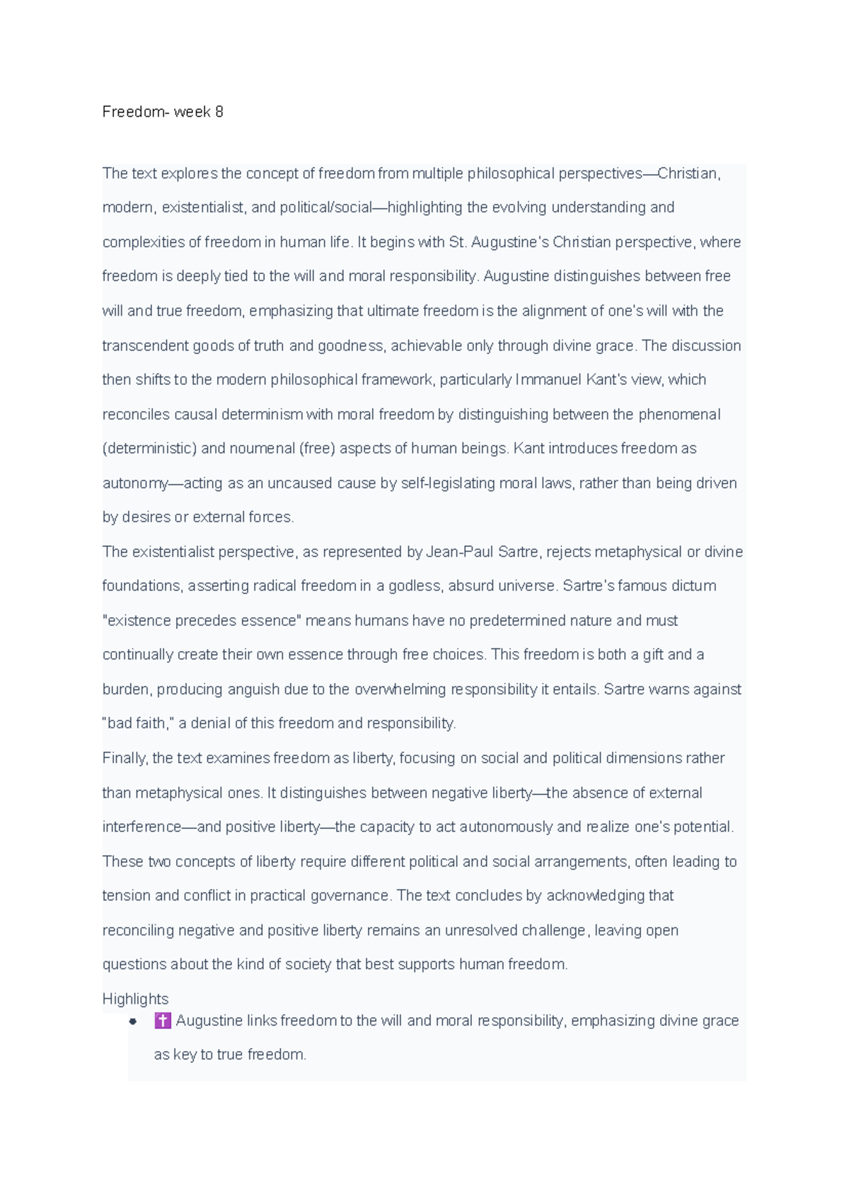 Freedom: Week 8 Notes on Philosophical Perspectives and Challenges ...