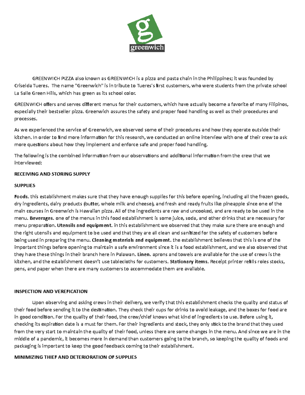 Greenwich Pizza RISK MANAGEMENT: Ensuring Food Safety Standards - Studocu