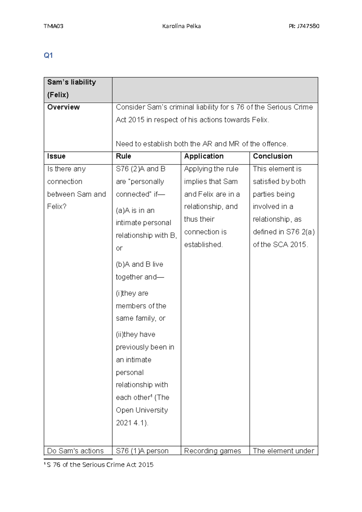 TMA03 W111: Sam's Liability under S76 of Serious Crime Act 2015 ...