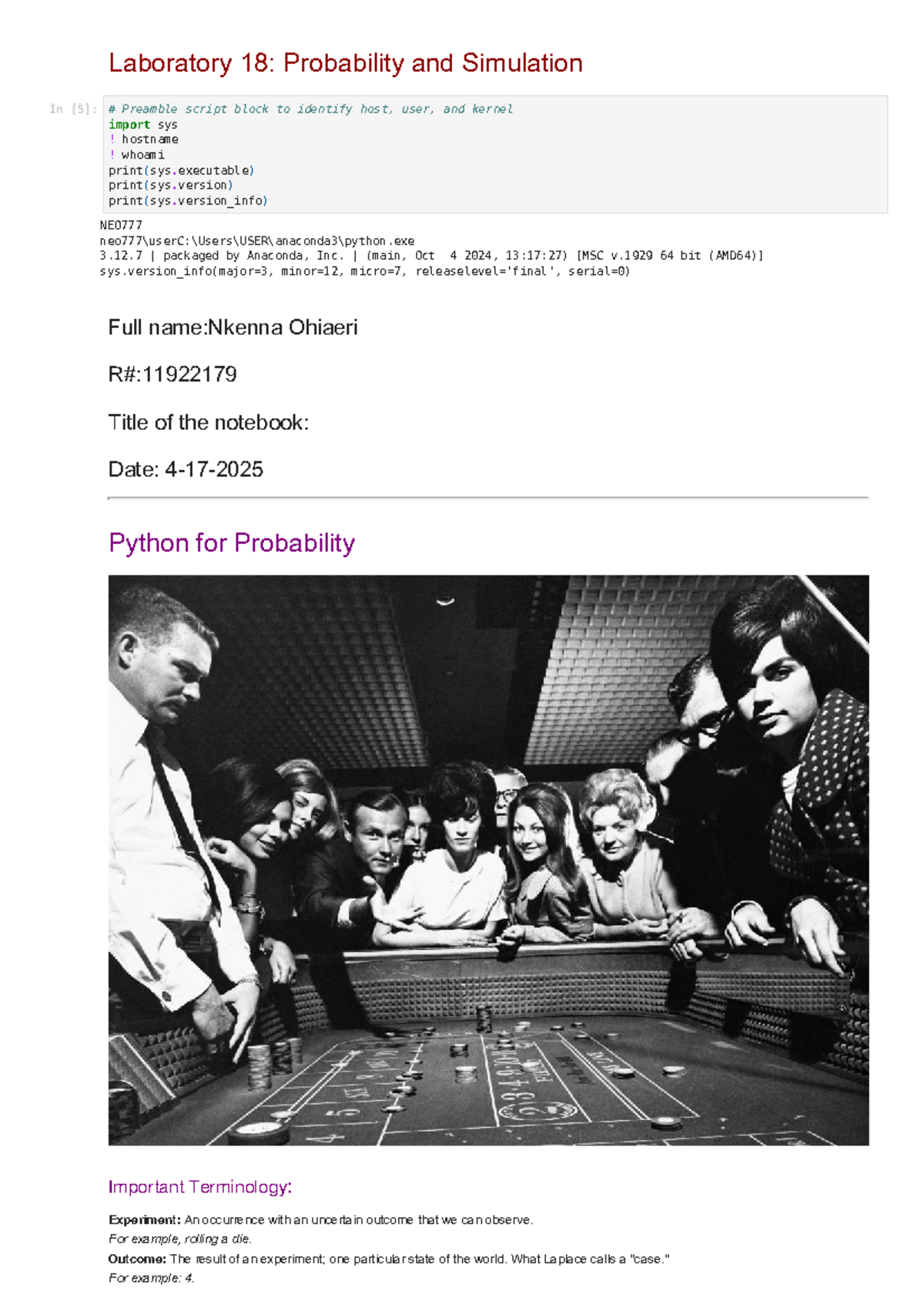 Lab 018: Probability and Simulation Techniques in Python - Studocu