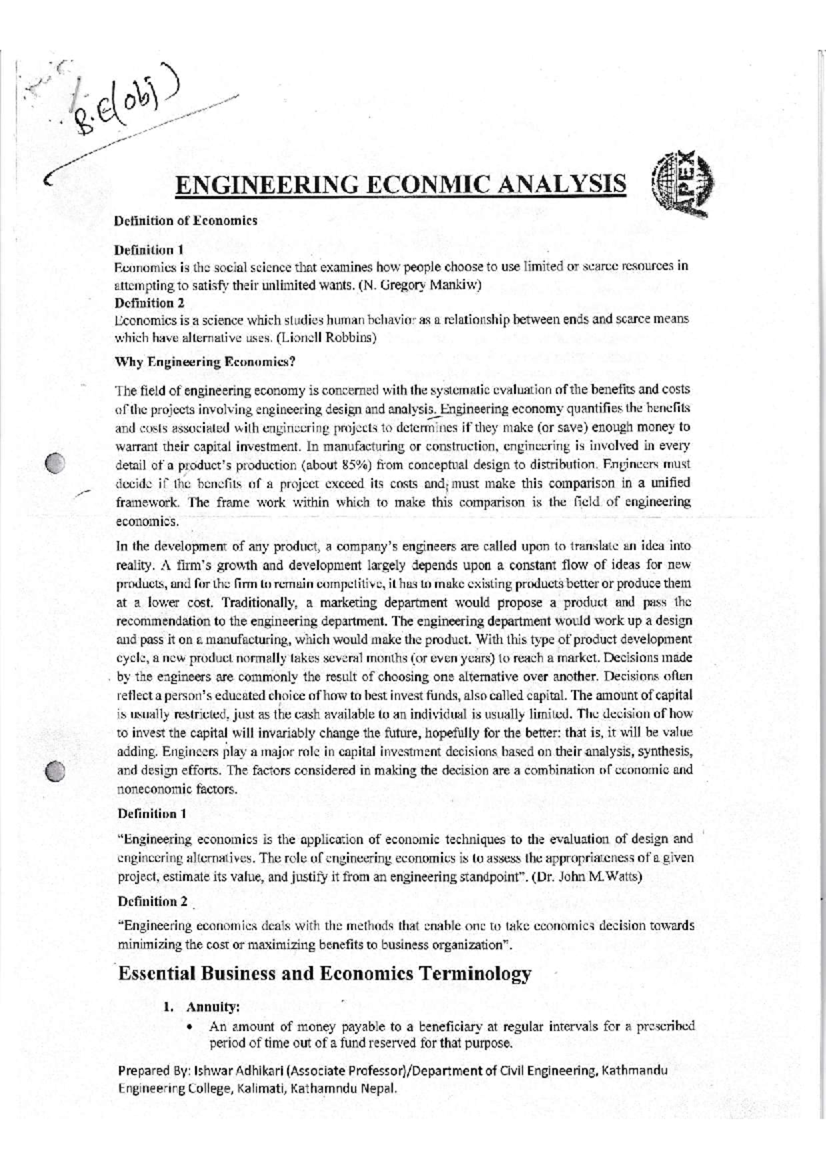 Engineering Economics (CE 101) - Key Concepts and Definitions - Studocu