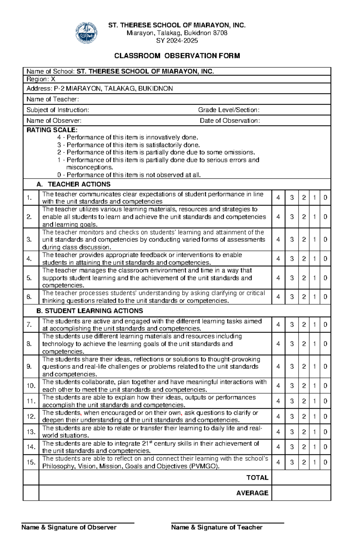 PEAC Classroom Observation Form SY 2024-2025 - Studocu