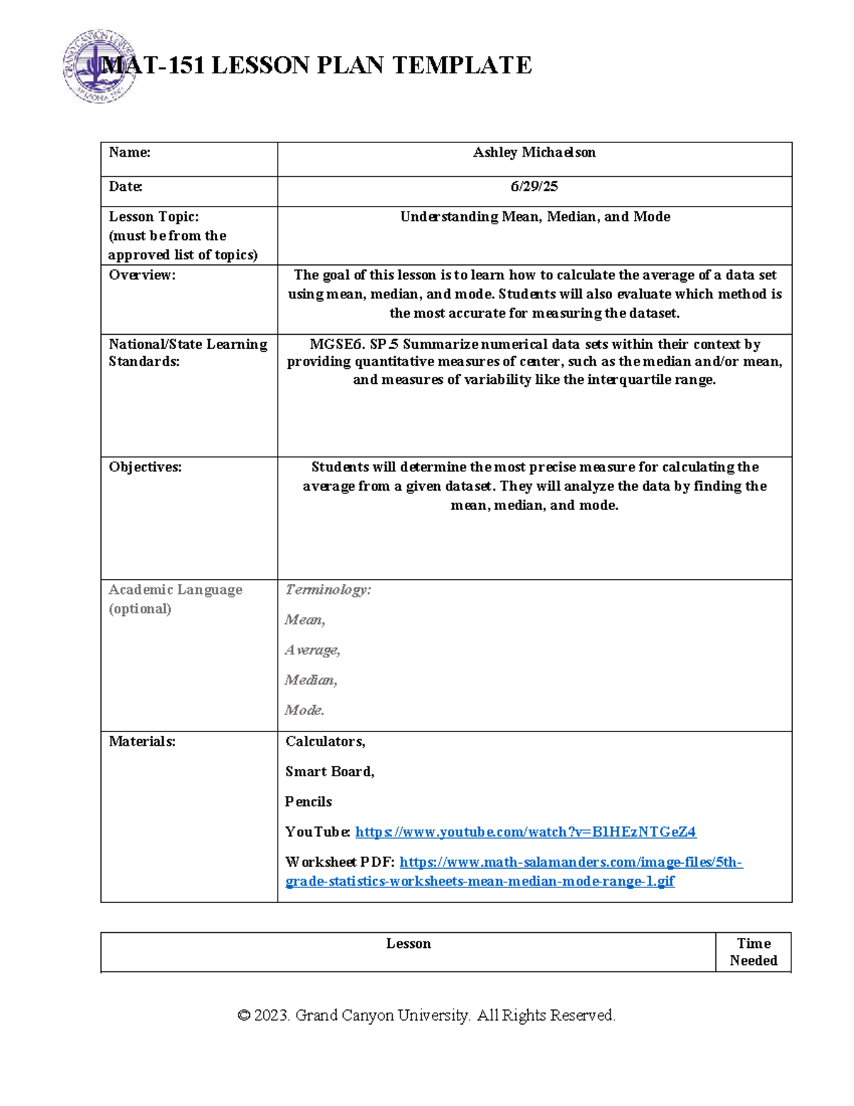 Final MAT-151 Lesson Plan: Understanding Mean, Median, and Mode - Studocu