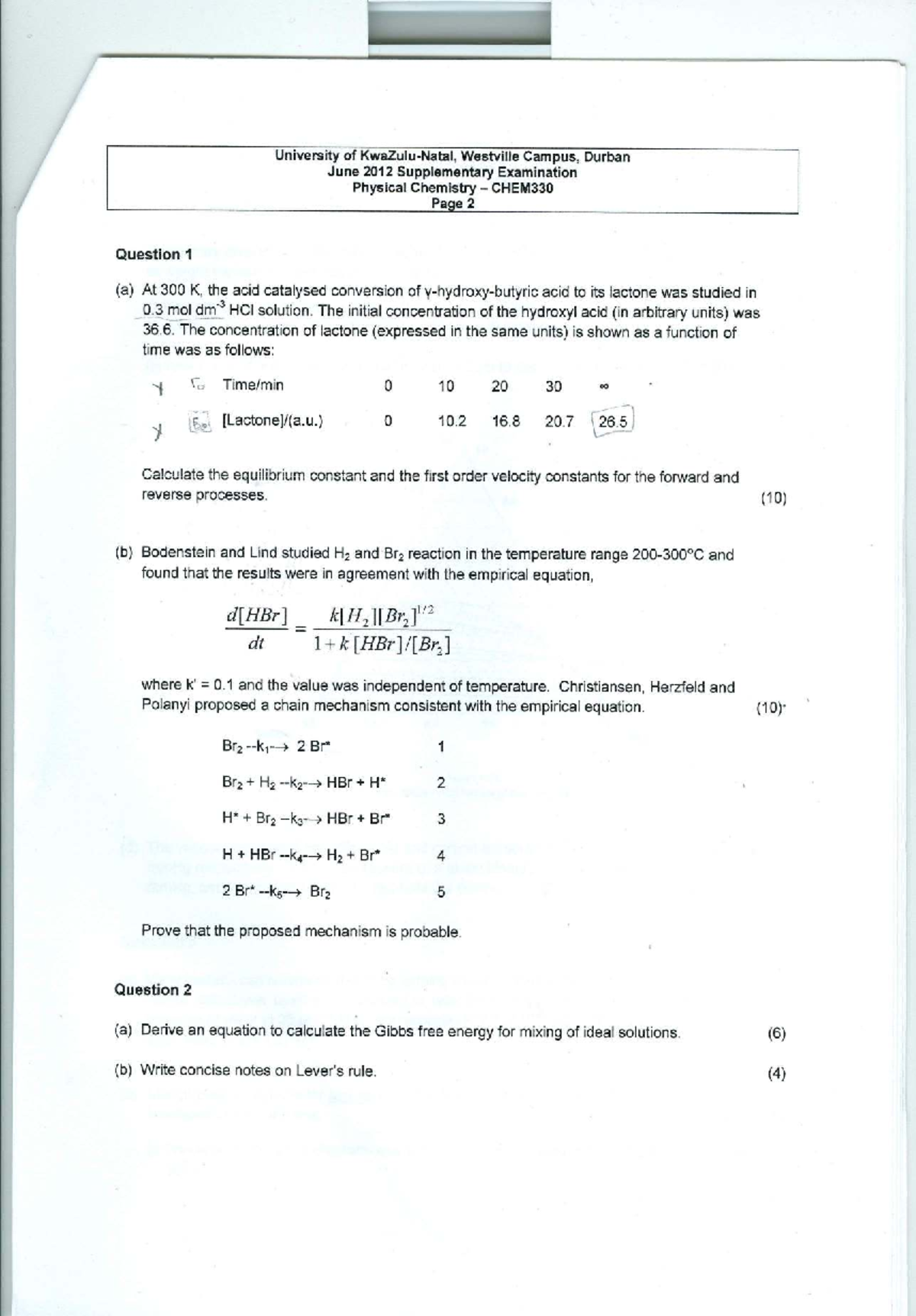 2012 Supplementary Exam - Physical Chemistry CHEM330 Past Paper - Studocu