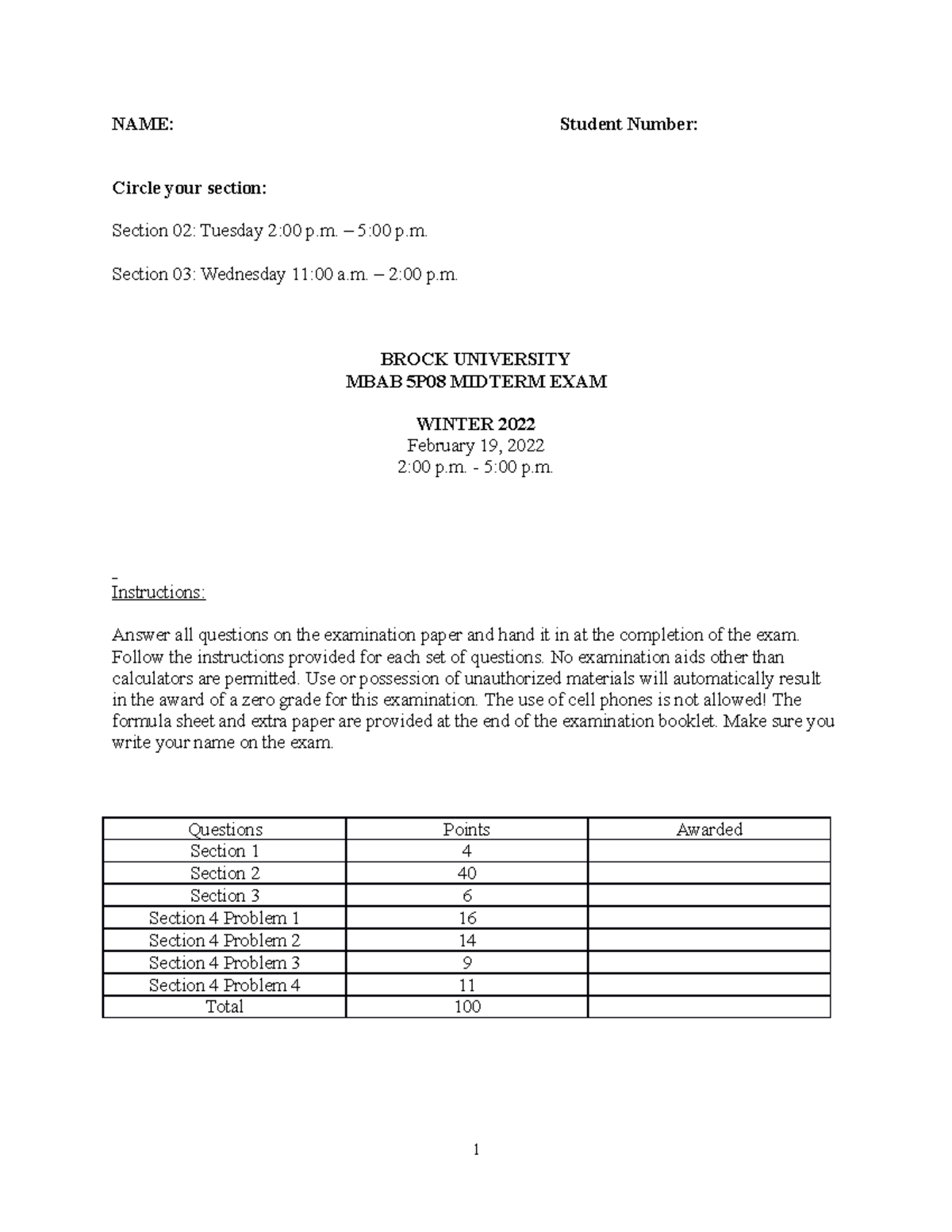 Midterm MBAB 5P08 Winter 2022 Feb 17 Final Version TS - NAME: Student ...