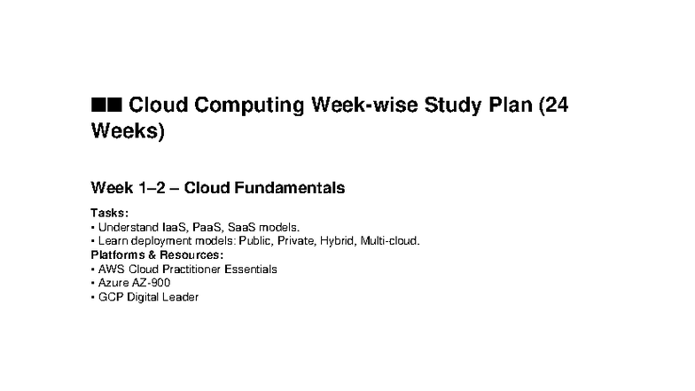 Cloud Computing Study Plan (24 Weeks): Weekwise Overview - Studocu