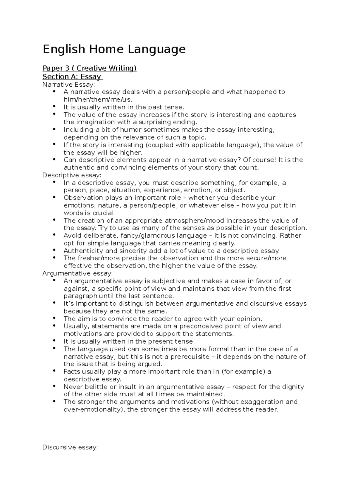 English Home Language - Paper 3: Creative Writing Techniques - Studocu