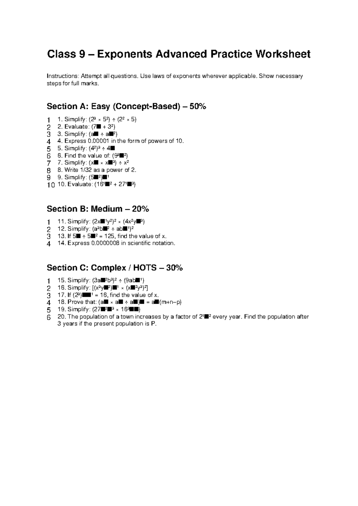 Class 9 Exponents Advanced Practice Worksheet - Studocu