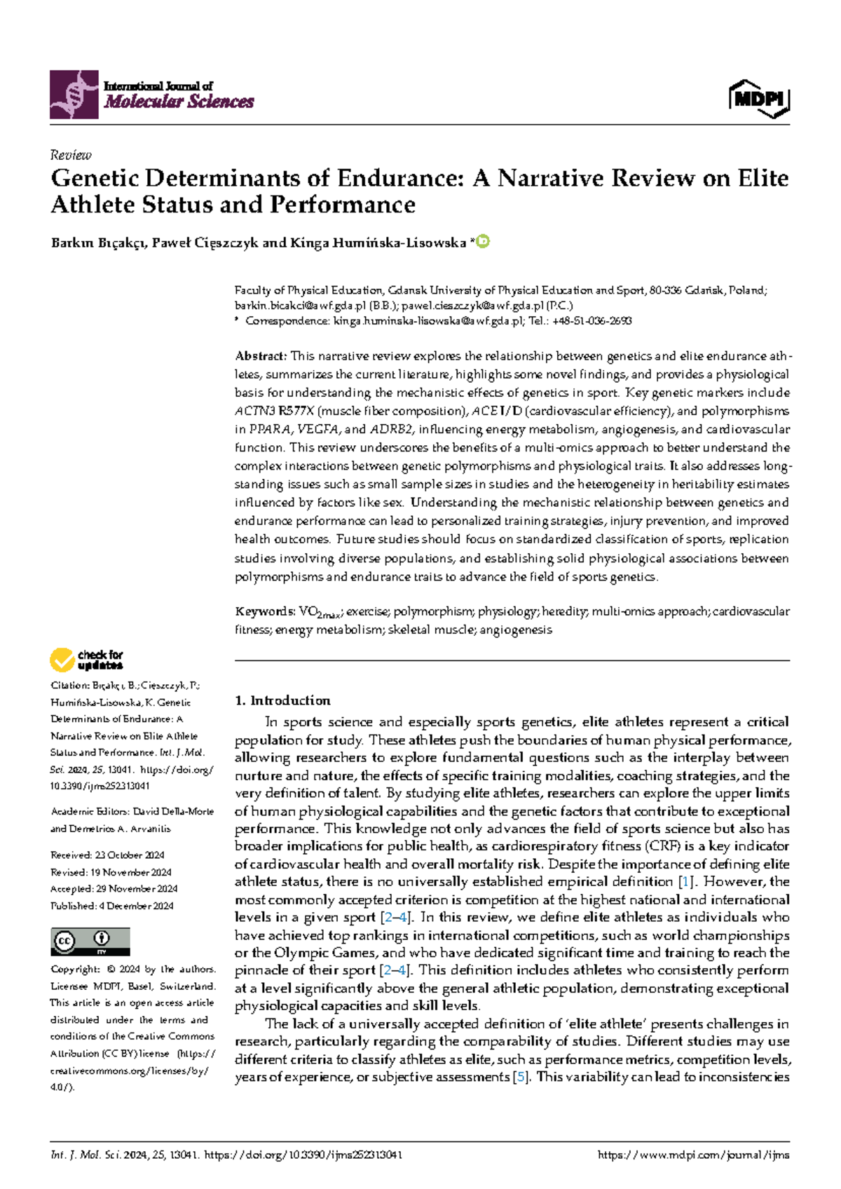 Genetic Determinants of Endurance Performance in Elite Athletes: A ...