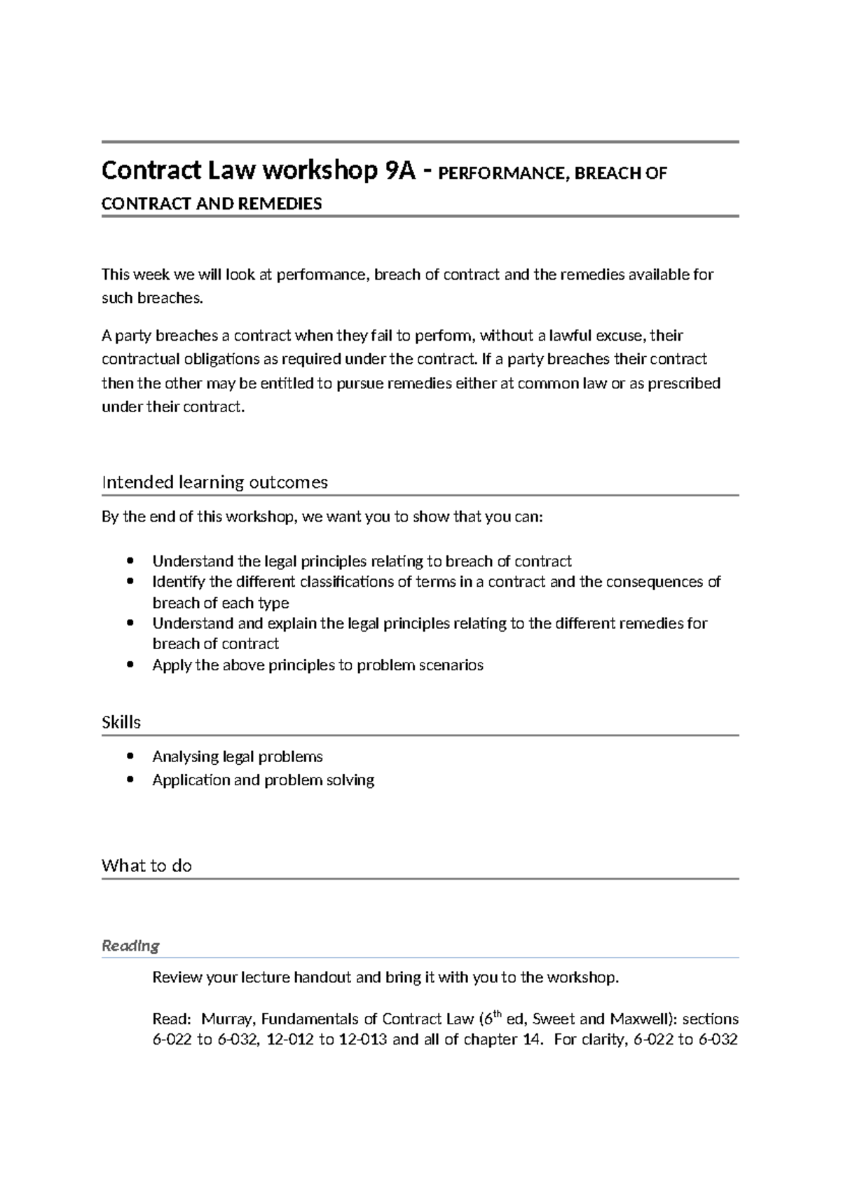 Contract Law Workshop 9A: Performance, Breach & Remedies Overview - Studocu