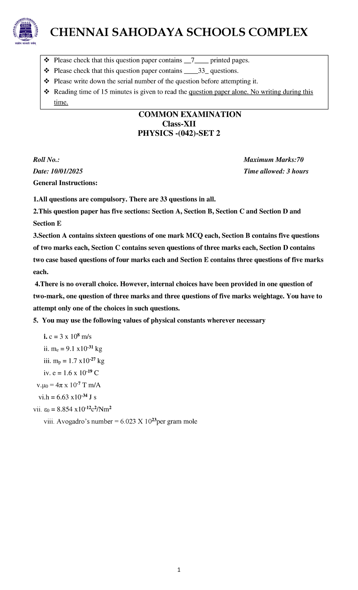 Physics CSSE - Common Examination Question Paper (Set 2) - Studocu