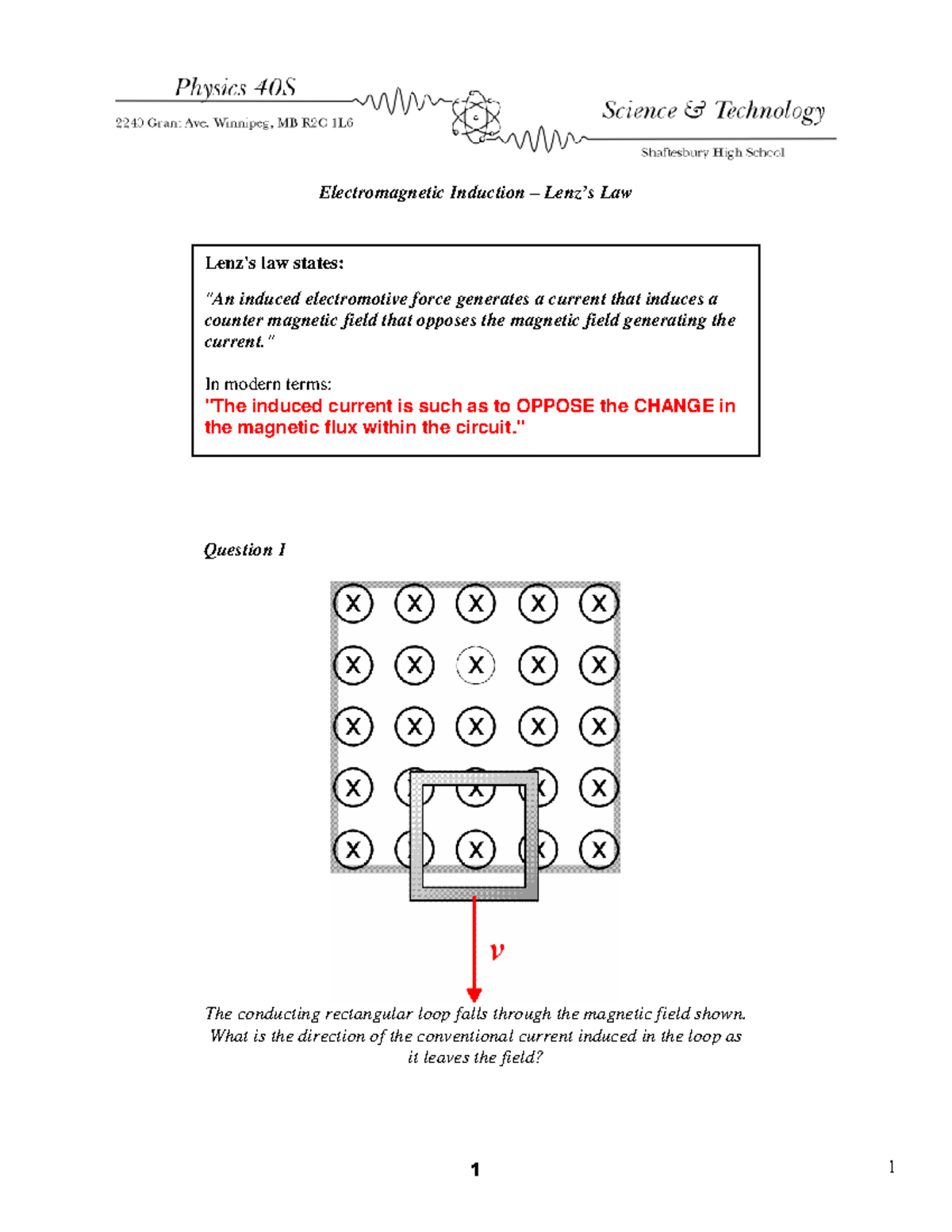 Phys 104: Lenz's Law Practice – Electromagnetic Induction Worksheet ...