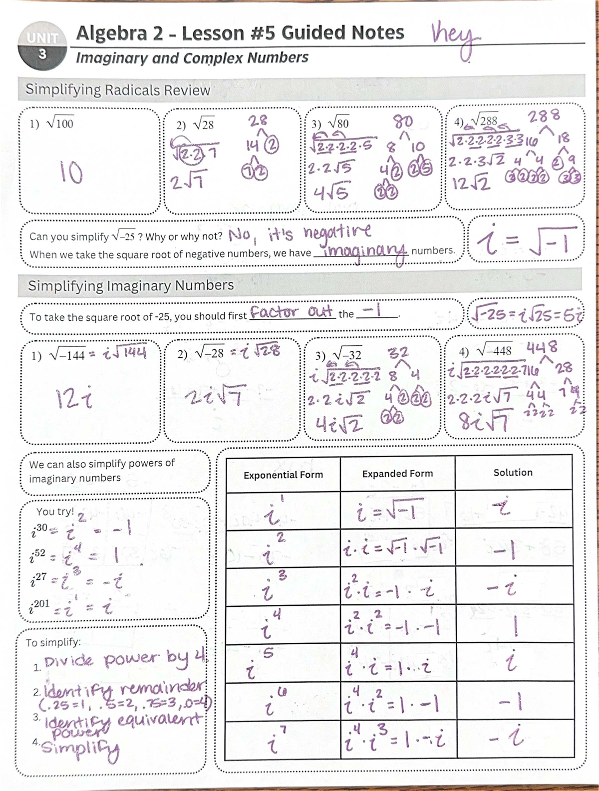 Algebra 2 Lesson Notes: Imaginary & Complex Numbers Review - Studocu